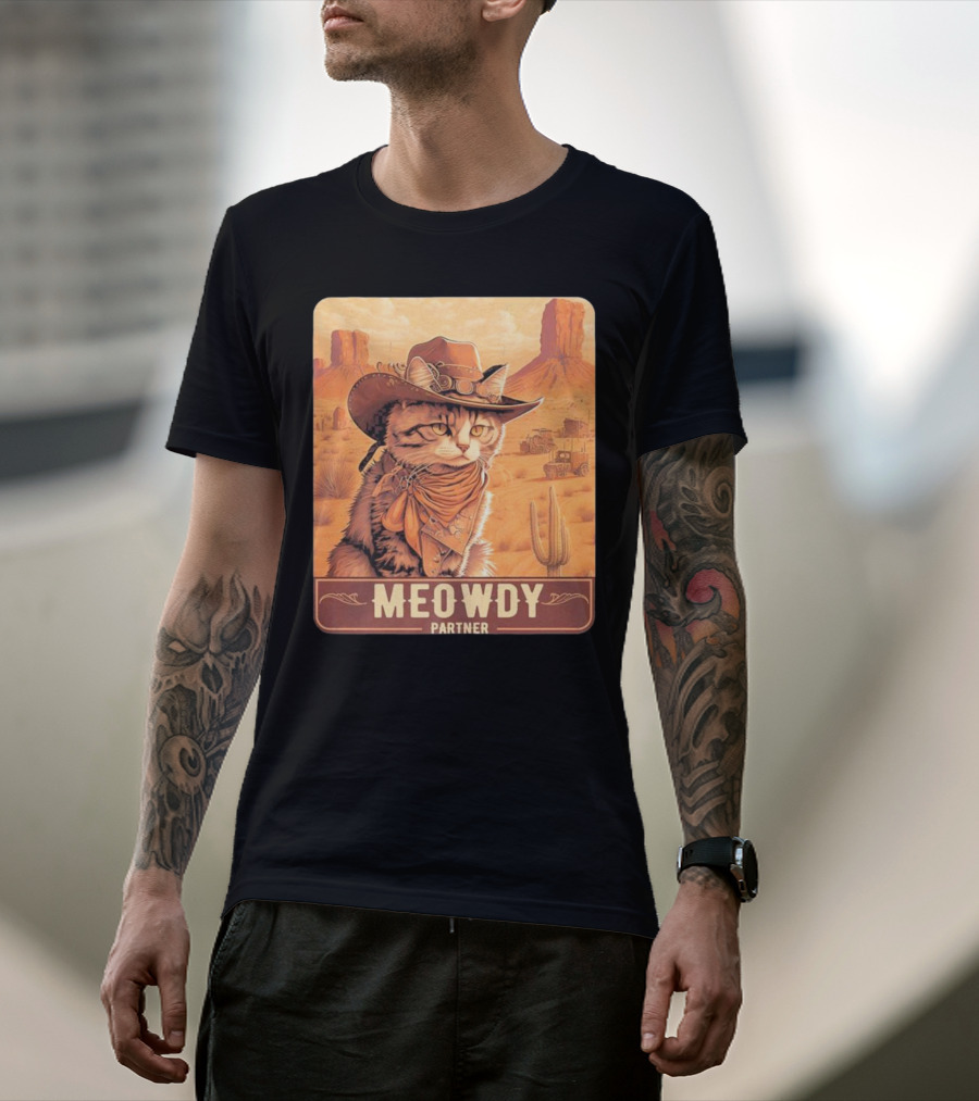 Meowdy Partner Cowboy Cat In Desert Scene With Cactus And Wagon T-Shirt