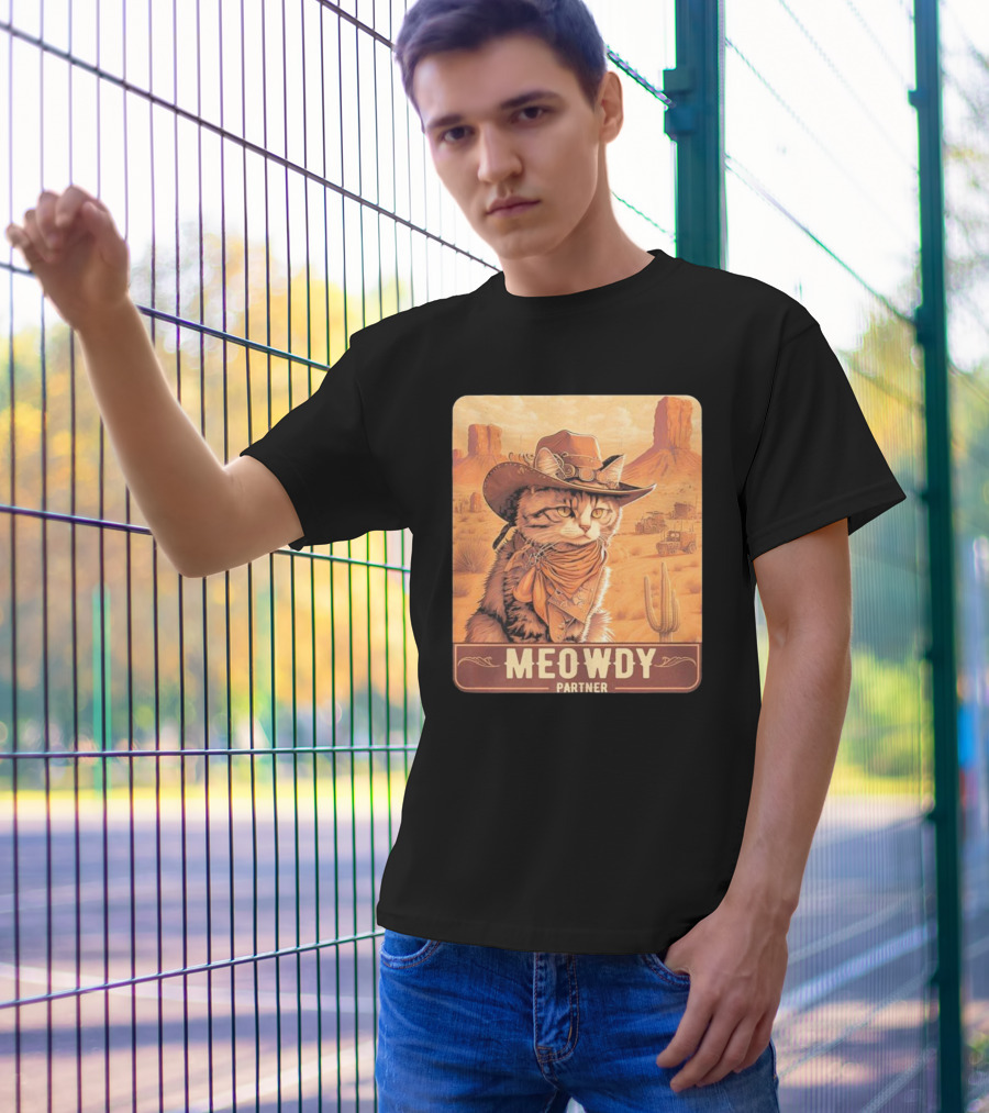 Meowdy Partner Cowboy Cat In Desert Scene With Cactus And Wagon T-Shirt