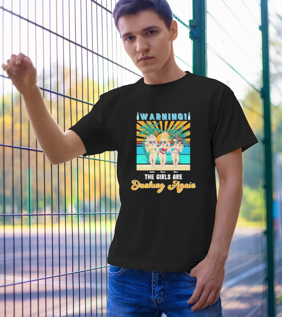 Warning The Girls Are Drinking Again Vintage Beach Party Sun Palm Trees T-Shirt