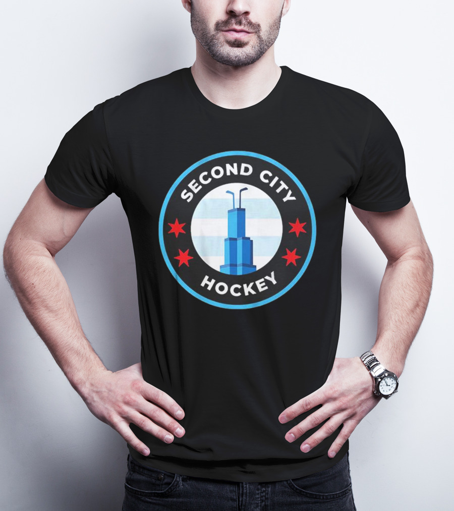 Second City Hockey Chicago Skyline Inspired Sports Emblem T-Shirt