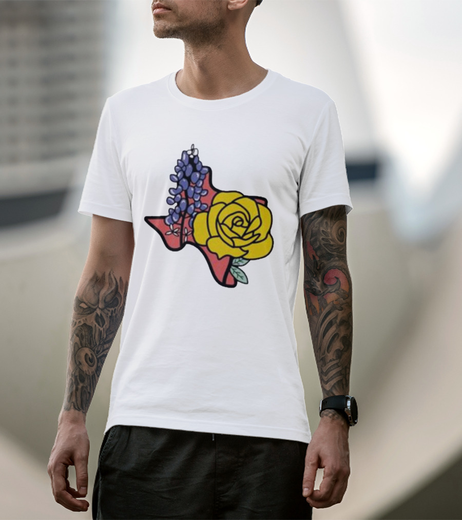 Texas Wildflower Humor Yellow Rose Bluebonnet State Outline T-Shirt