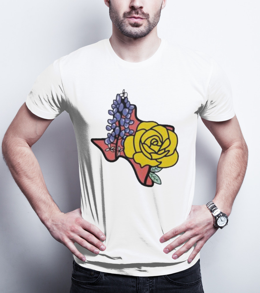 Texas Wildflower Humor Yellow Rose Bluebonnet State Outline T-Shirt