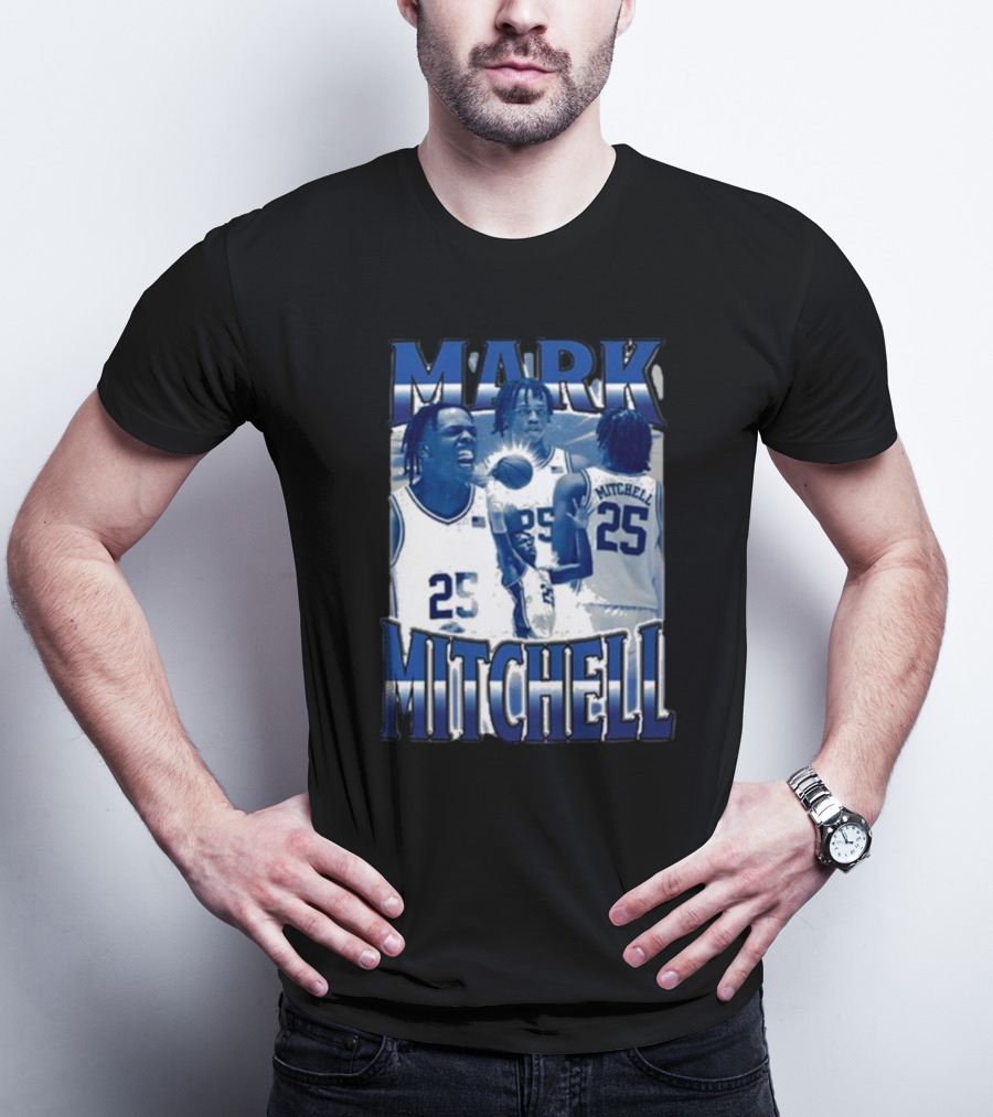 Mark Mitchell 25 Basketball Collage Blue And White T-Shirt