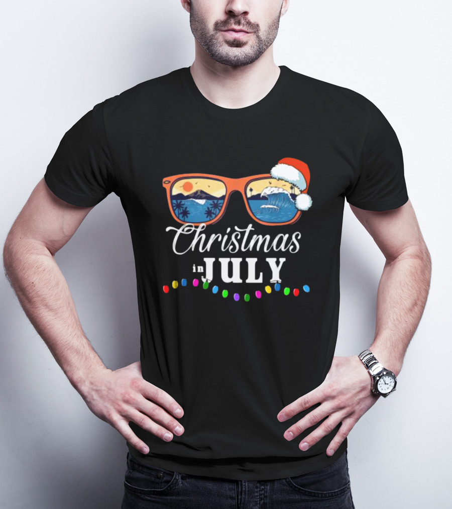 Christmas In July Santa Beach Vacation Sunglasses Holiday Lights T-Shirt
