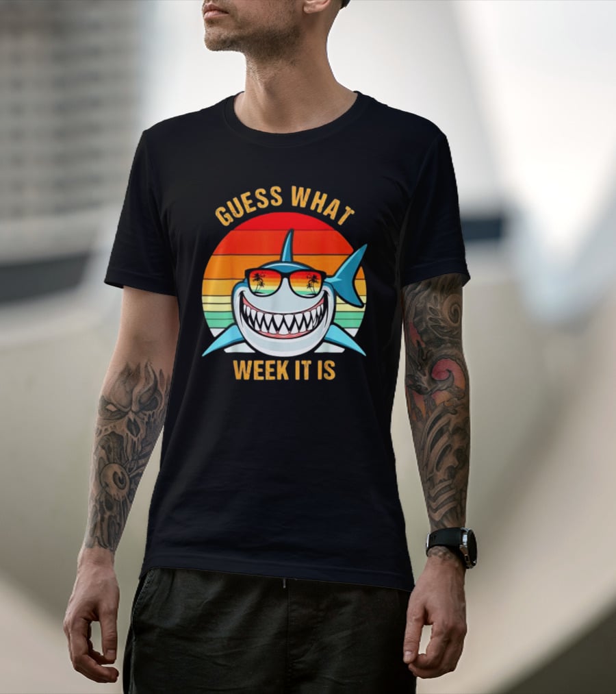 Guess What Week It Is Shark Vintage Sunset Retro Palm Trees T-Shirt