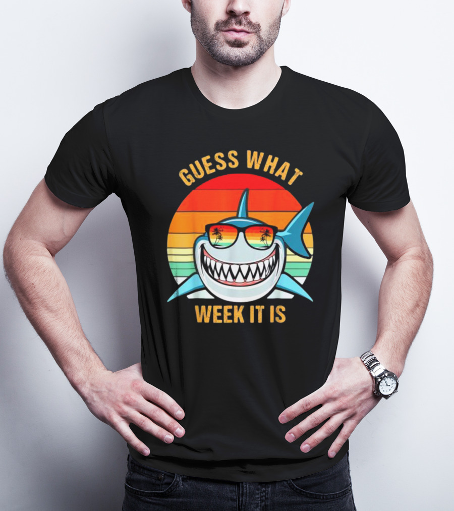 Guess What Week It Is Shark Vintage Sunset Retro Palm Trees T-Shirt