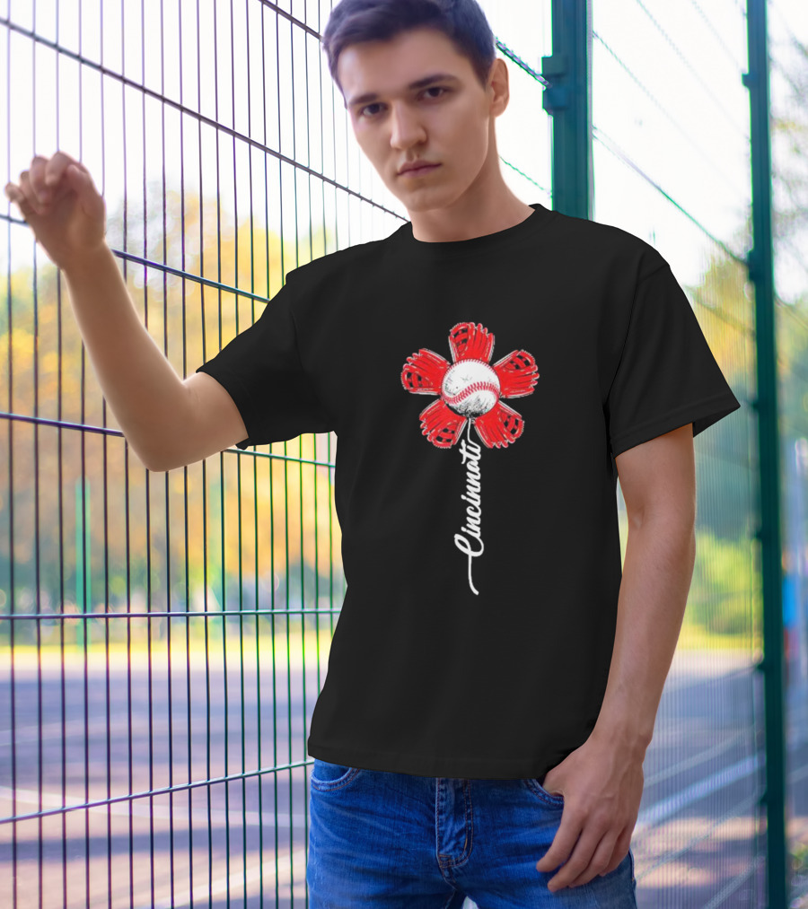 Cincinnati Baseball Flower With Baseball Center And Red Glove Petals T-Shirt