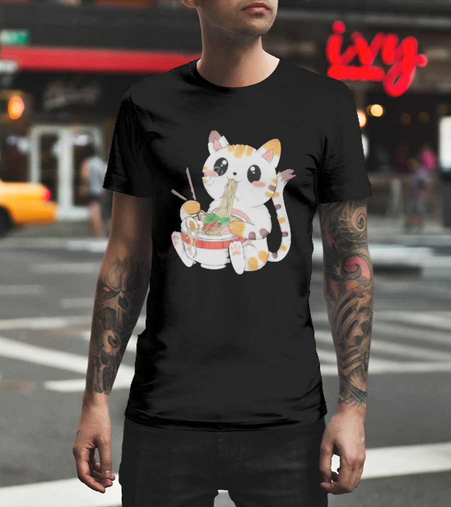 Kawaii Neko Eating Ramen In Cute Cartoon T-Shirt