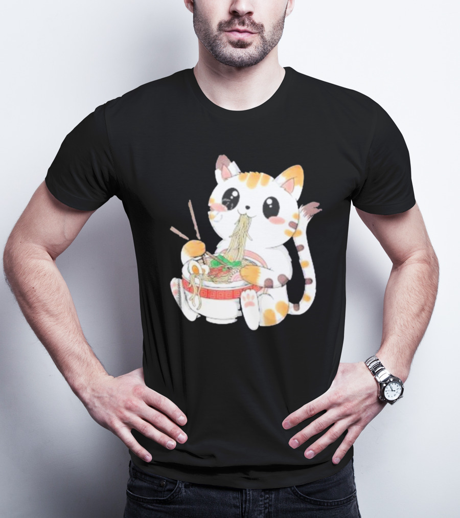 Kawaii Neko Eating Ramen In Cute Cartoon T-Shirt