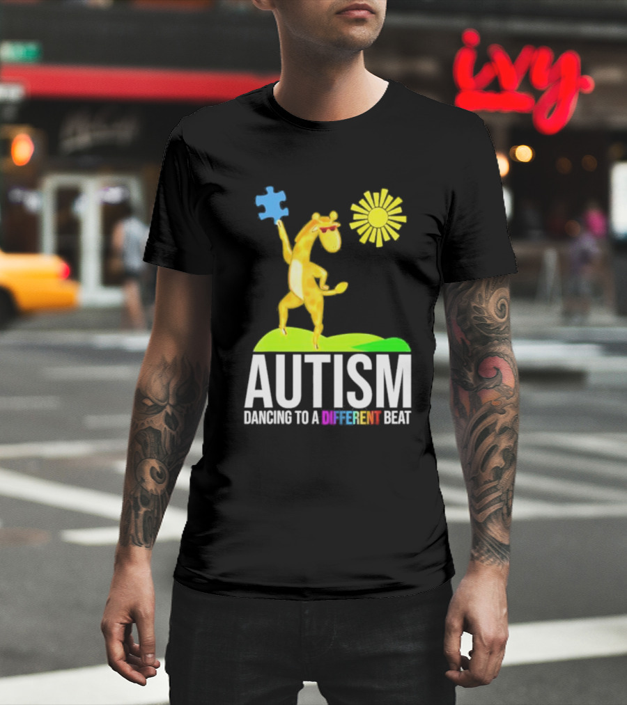 Giraffe With Puzzle Piece And Sun Celebrating Autism Dancing To A Different Beat T-Shirt