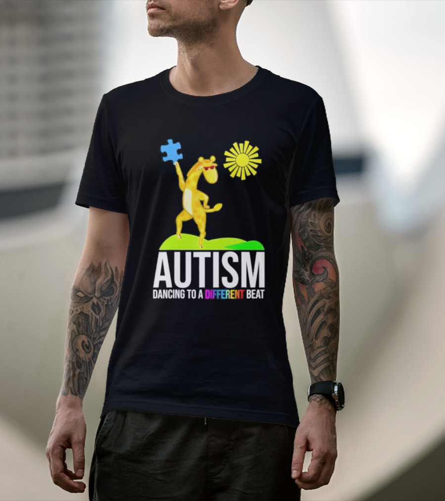 Giraffe With Puzzle Piece And Sun Celebrating Autism Dancing To A Different Beat T-Shirt