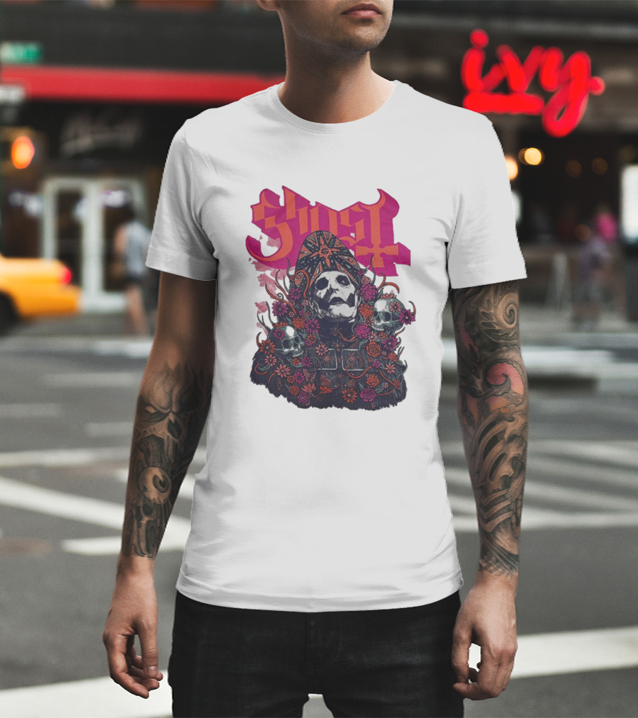 Ghost Skull In Floral Bliss Pink Crystal Wash T-Shirt