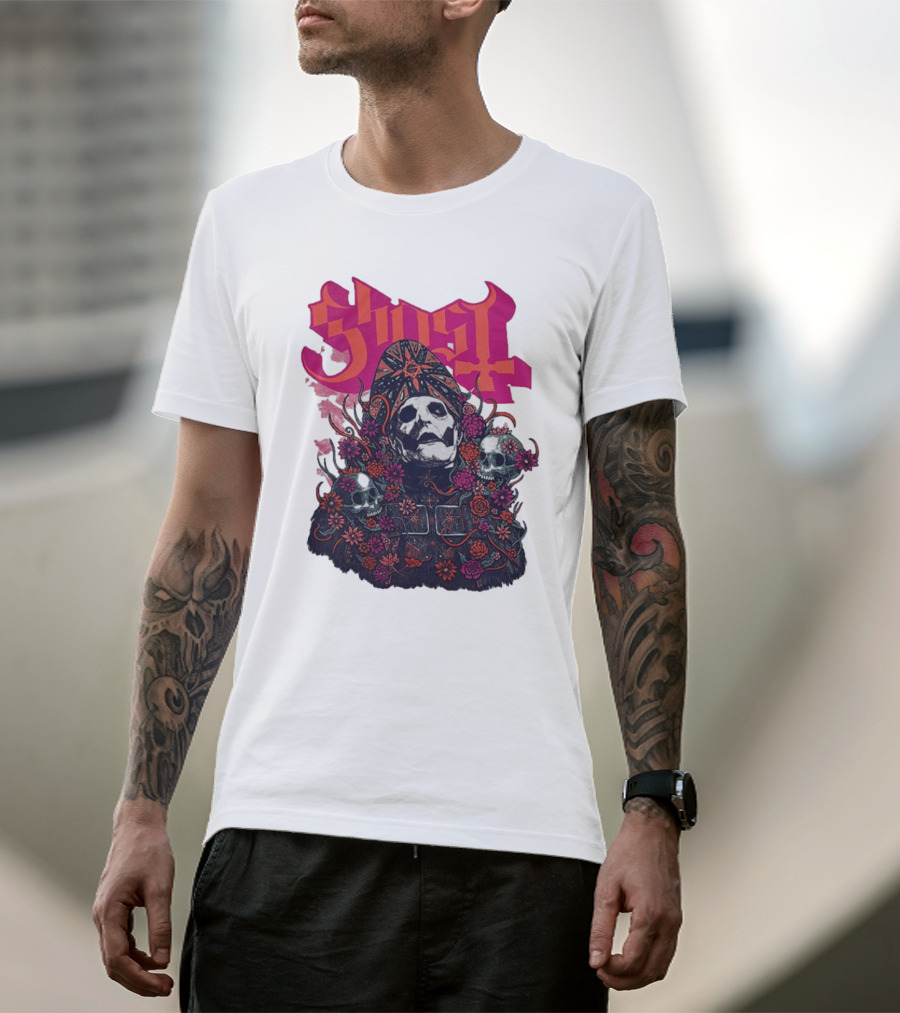 Ghost Skull In Floral Bliss Pink Crystal Wash T-Shirt