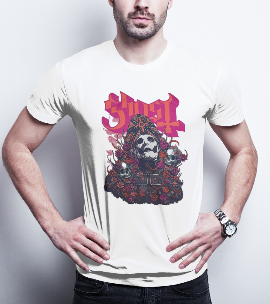 Ghost Skull In Floral Bliss Pink Crystal Wash T-Shirt