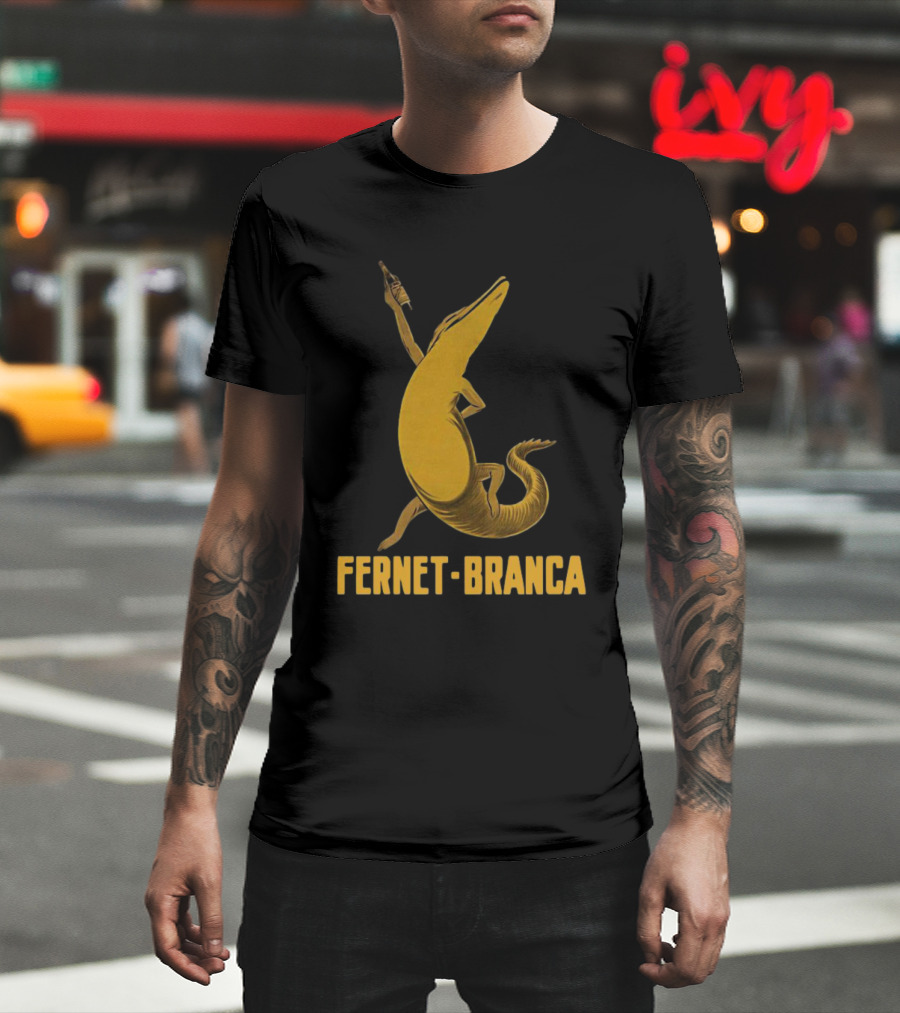 Fernet Branca Crocodile Holding Bottle Iconic Beverage T-Shirt