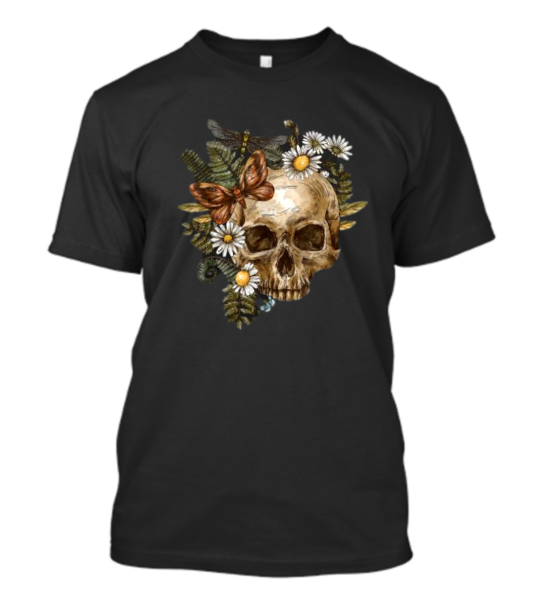 Skull With Butterfly And Dragonfly Surrounded By Autumn Leaves And Daisies T-Shirt