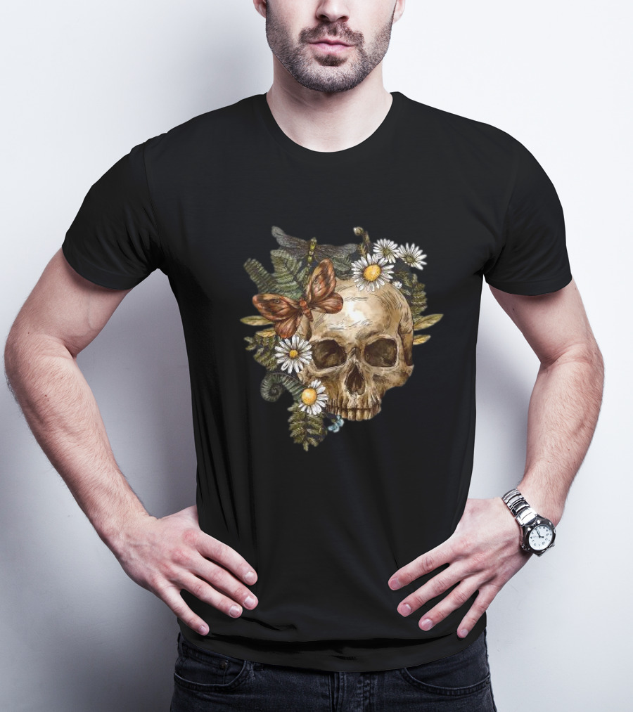 Skull With Butterfly And Dragonfly Surrounded By Autumn Leaves And Daisies T-Shirt