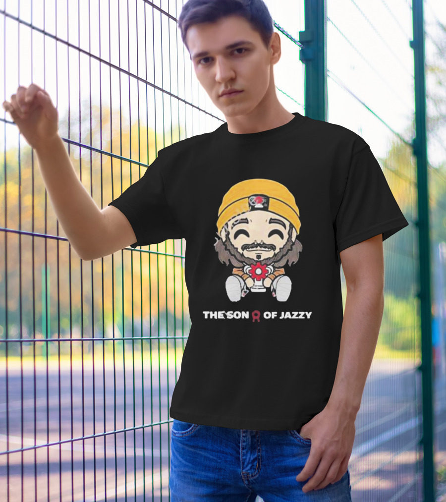 Son Of Jazzy Whimsical Cartoon Character With Yellow Beanie And Flower T-Shirt