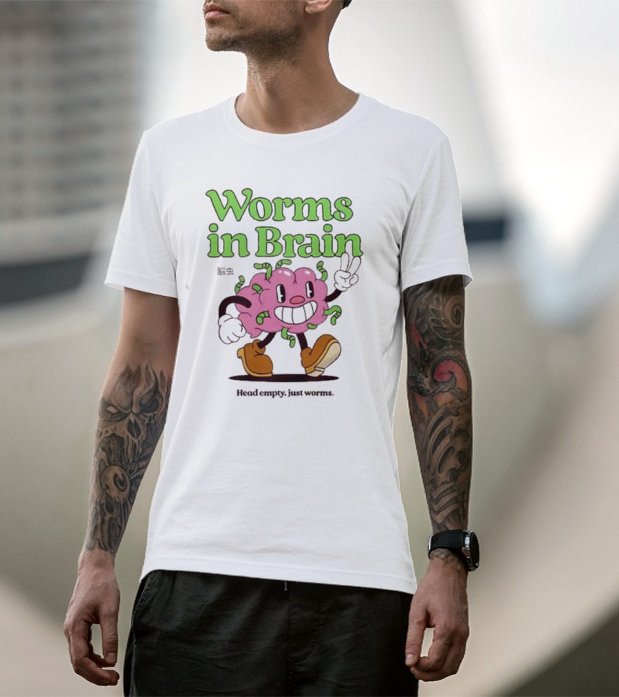 Worms In Brain Head Empty Just Worms Cartoon Brain Peace Sign T-Shirt