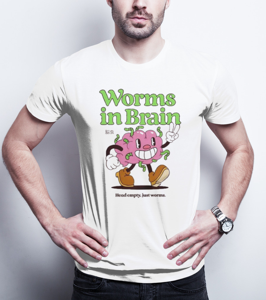 Worms In Brain Head Empty Just Worms Cartoon Brain Peace Sign T-Shirt
