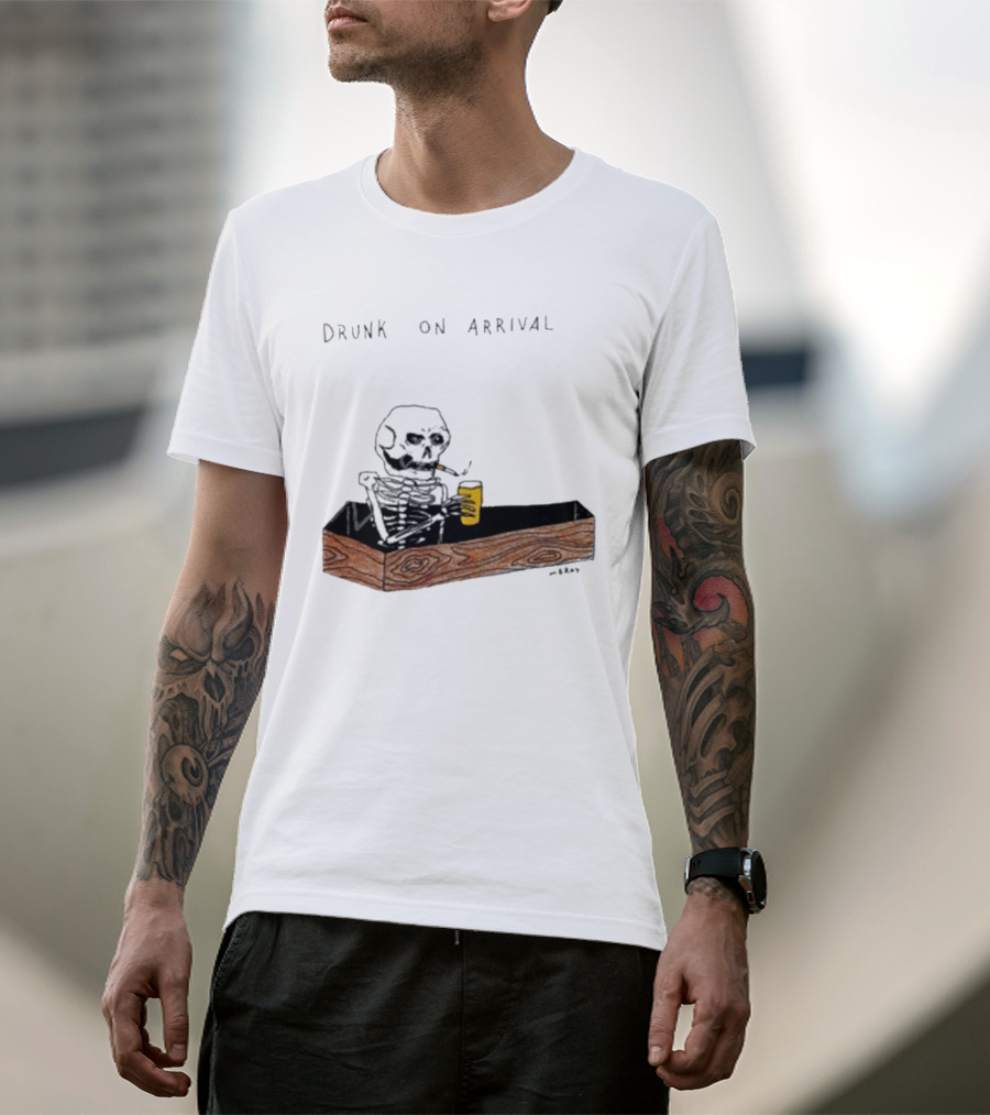 Matt Gray Drunk On Arrival Skeleton In Coffin Holding Drink T-Shirt