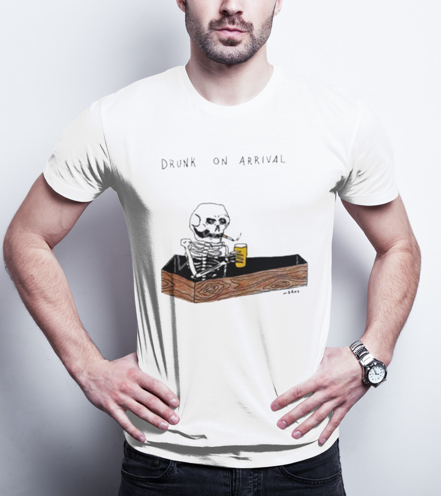 Matt Gray Drunk On Arrival Skeleton In Coffin Holding Drink T-Shirt