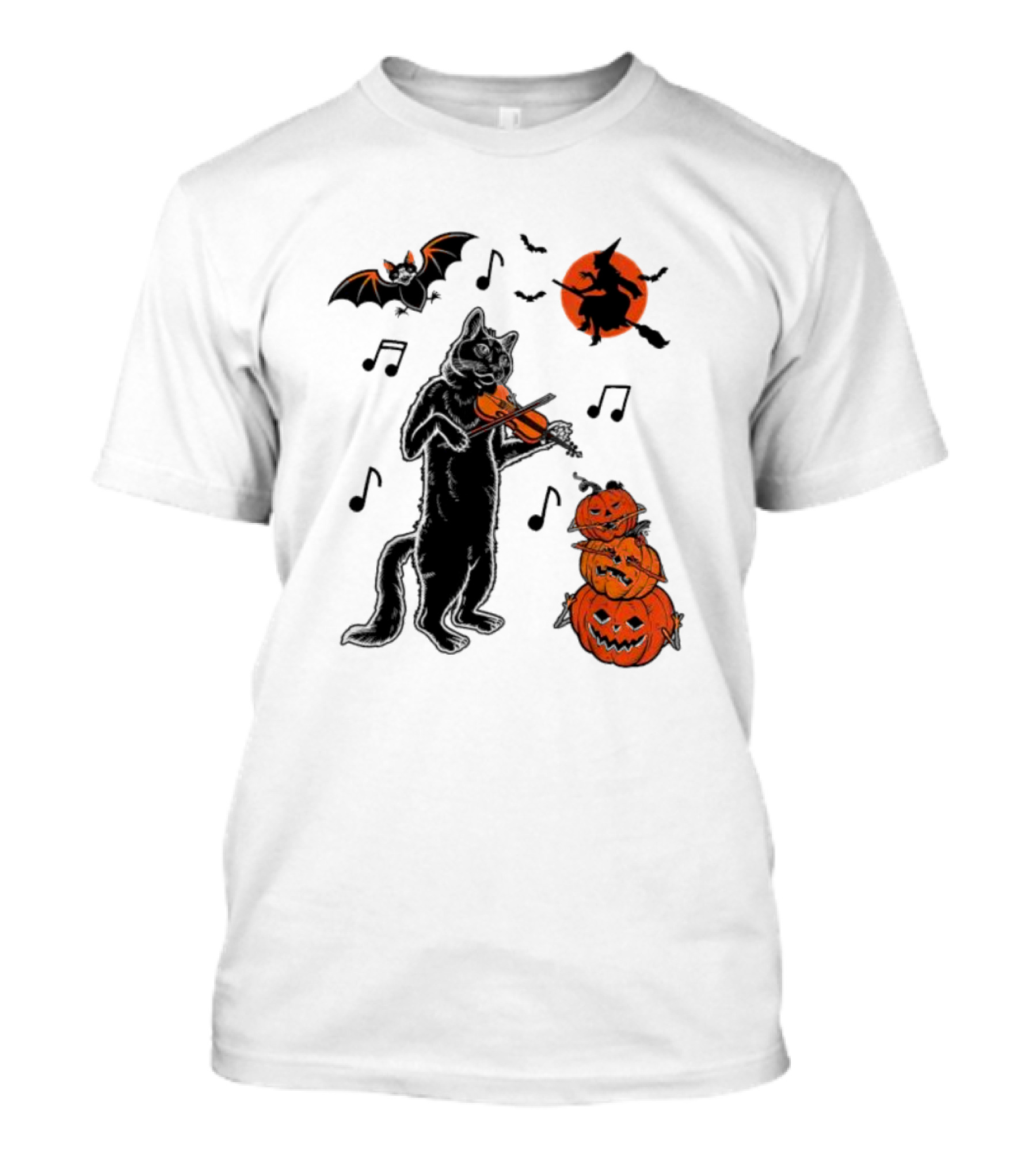 Black Cat Playing Violin With Witch, Devilish Bat, And Stacked Pumpkins Halloween T-Shirt