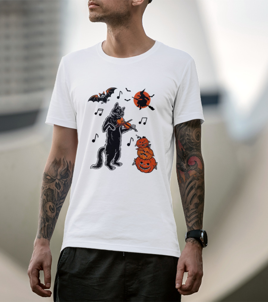 Black Cat Playing Violin With Witch, Devilish Bat, And Stacked Pumpkins Halloween T-Shirt