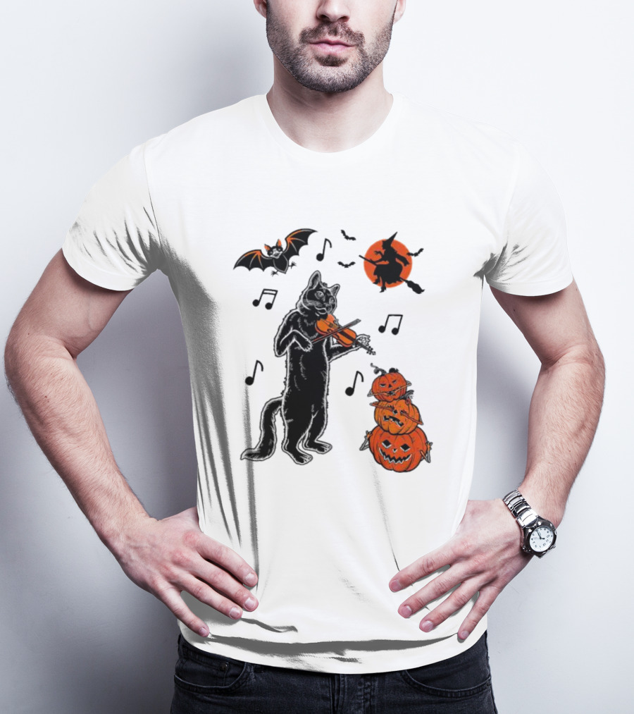 Black Cat Playing Violin With Witch, Devilish Bat, And Stacked Pumpkins Halloween T-Shirt