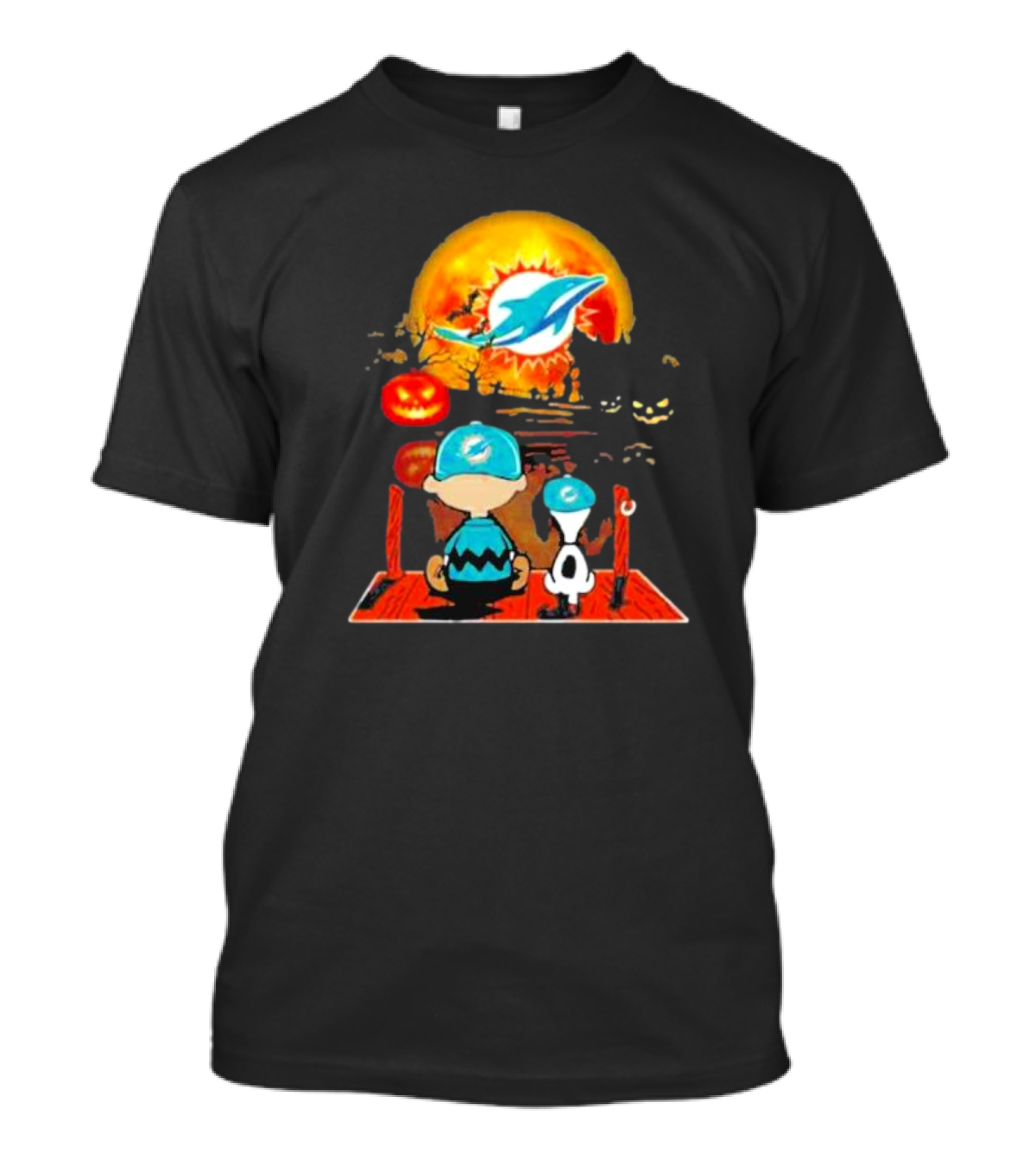 Snoopy Charlie Brown Miami Dolphins Halloween Pumpkin Moon T-Shirt