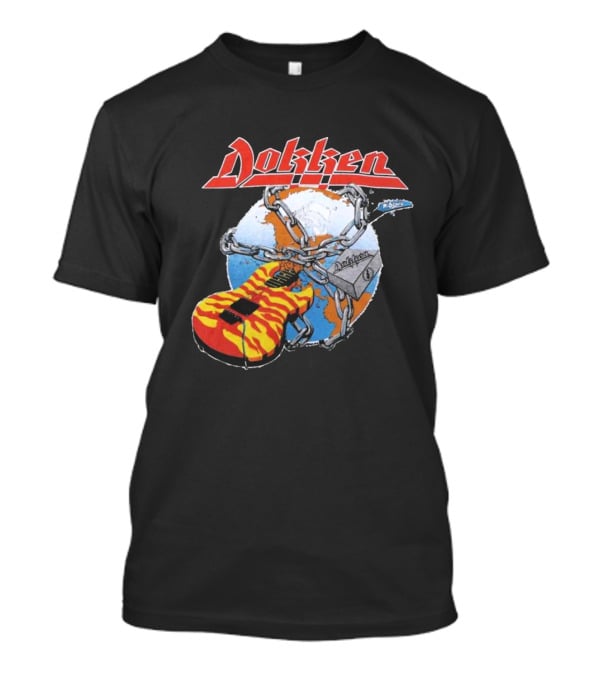 1980s Dokken Rokken With Dokken Flaming Guitar Chained To Globe T-Shirt