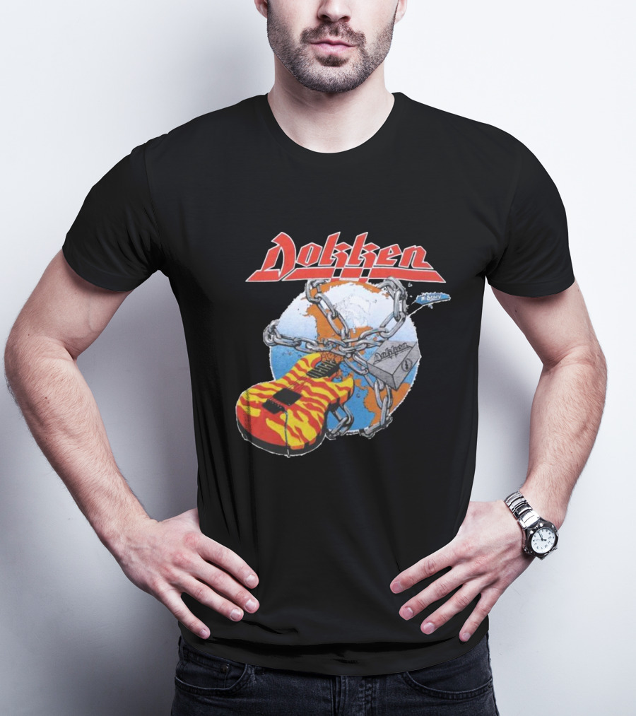 1980s Dokken Rokken With Dokken Flaming Guitar Chained To Globe T-Shirt