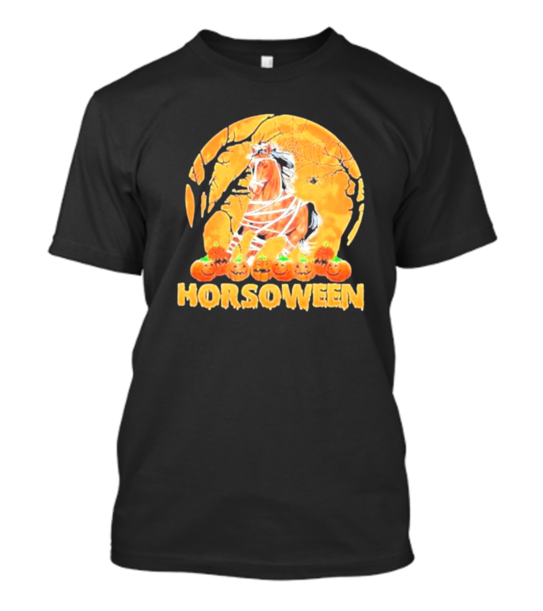 Horsoween Bandaged Horse Spider Web Haunted Pumpkins Red Moon Halloween T-Shirt