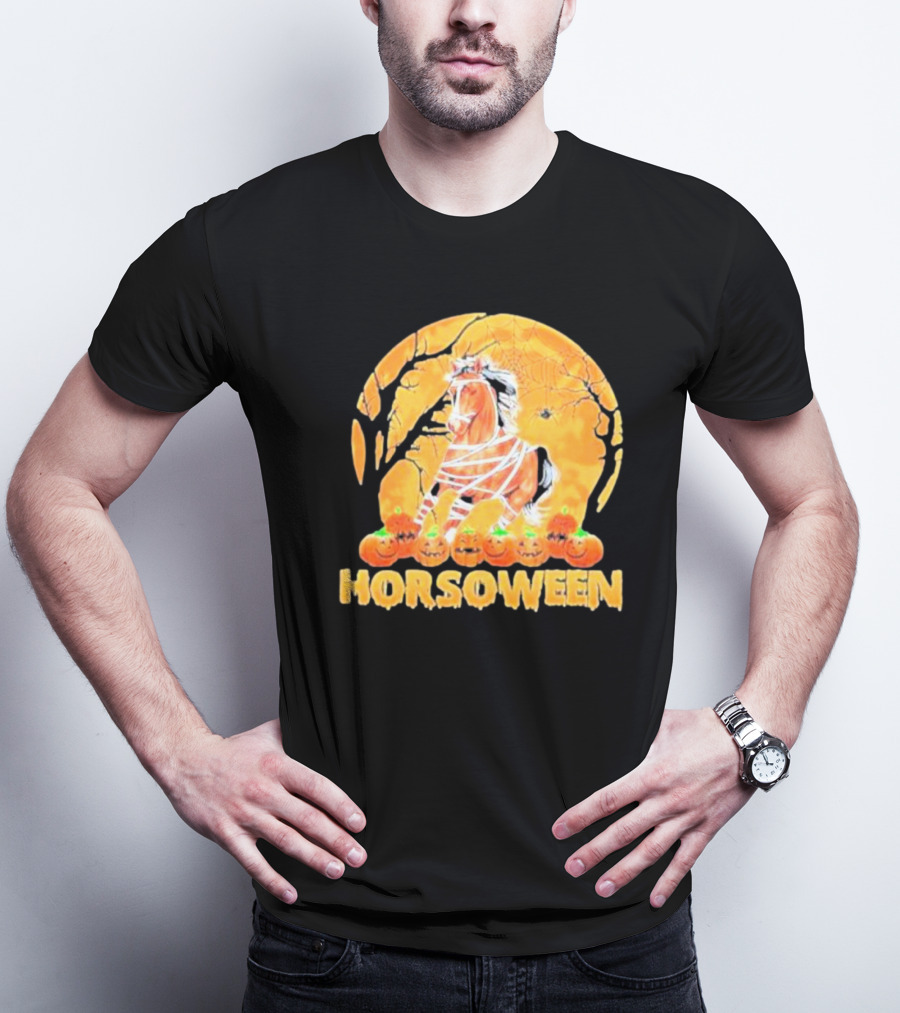 Horsoween Bandaged Horse Spider Web Haunted Pumpkins Red Moon Halloween T-Shirt