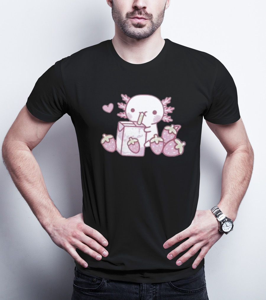Strawberry Milk Axolotl With Strawberries And Heart T-Shirt