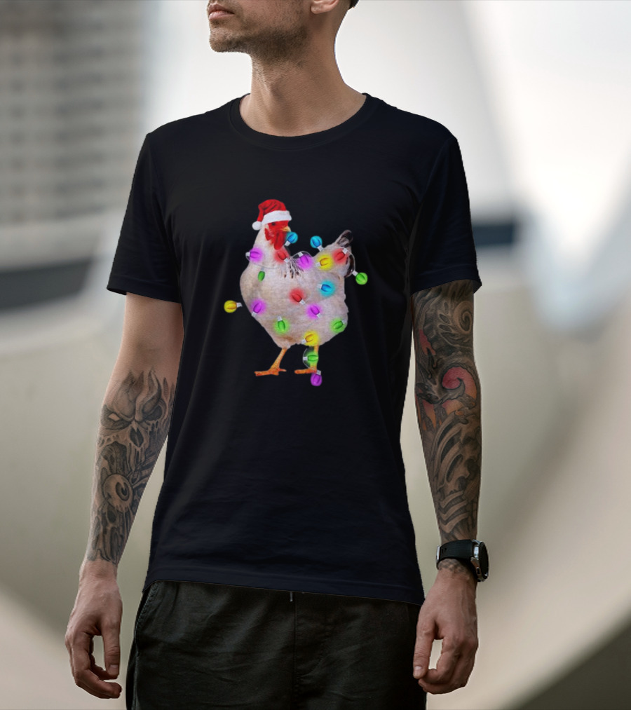 Chicken In Santa Hat With Colorful Christmas Lights T-Shirt