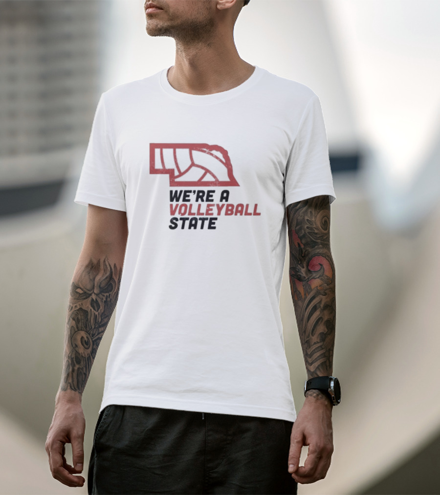 Nebraska We're A Volleyball State Red State Outline Volleyball T-Shirt