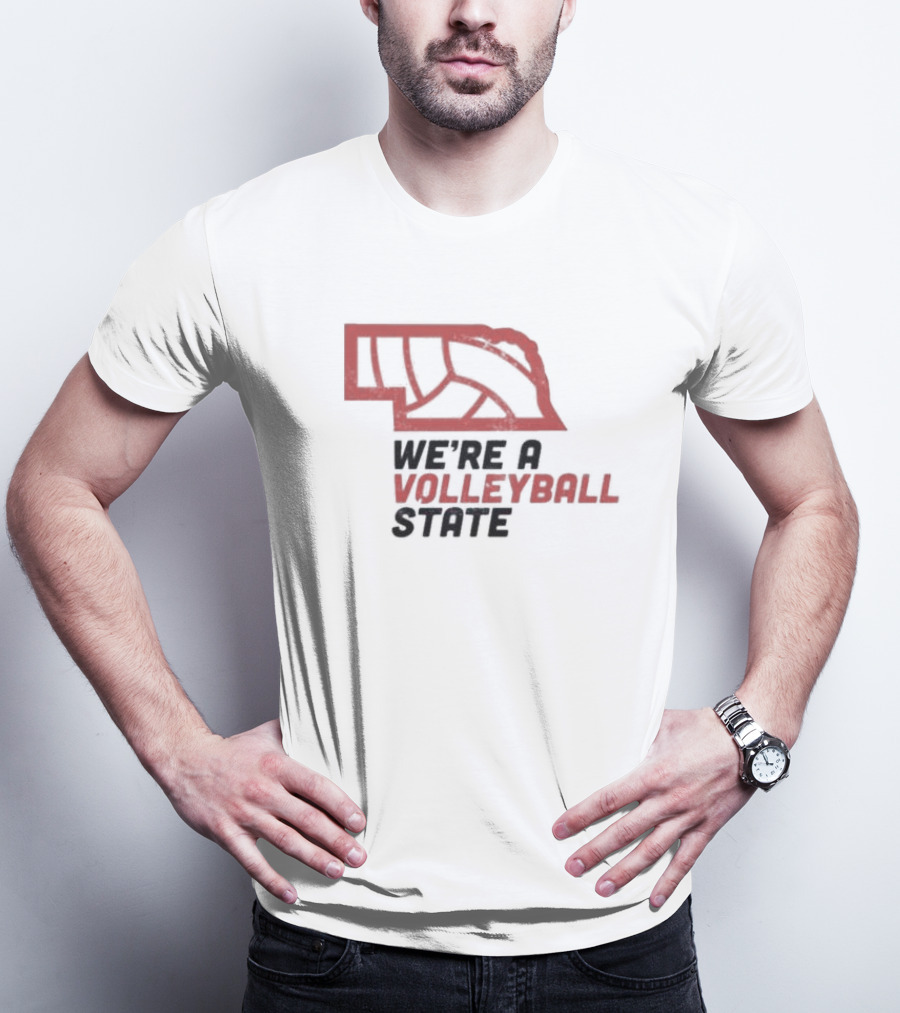 Nebraska We're A Volleyball State Red State Outline Volleyball T-Shirt