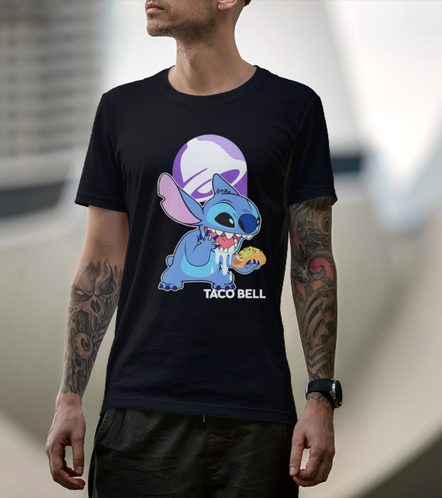 Stitch Eating Taco Bell Tacos With Logo Background T-Shirt