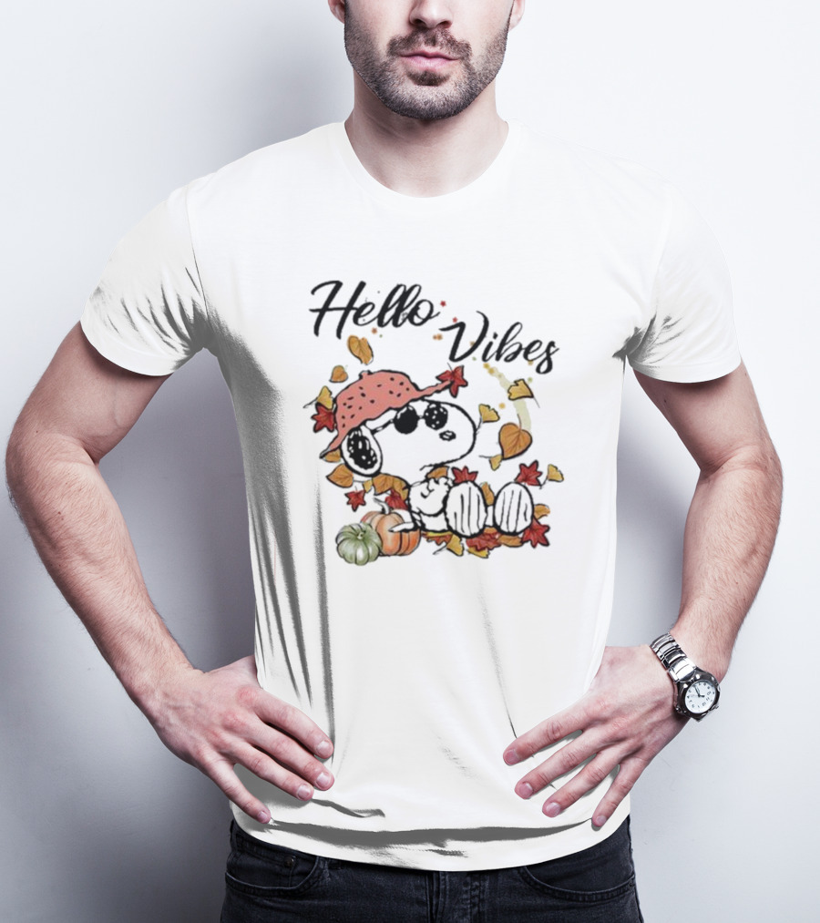 Snoopy Hello Vibes Fall Leaves Pumpkins T-Shirt