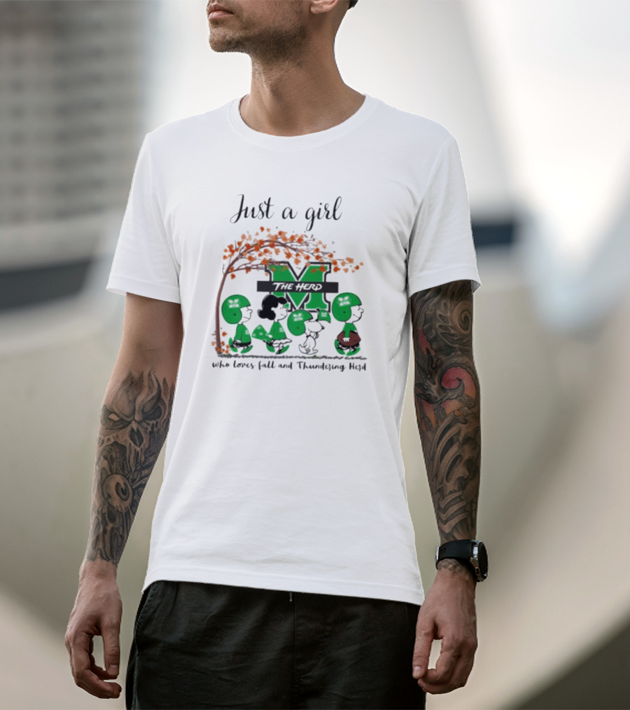 Just A Girl Who Loves Fall And Marshall Thundering Herd Peanuts Charlie Brown Lucy Autumn Leaves T-Shirt