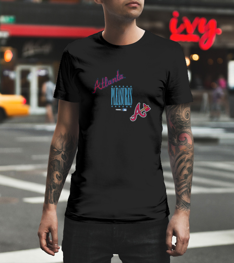 Atlanta Braves PLEASURES Collaboration MLB Logo Repurpose T-Shirt