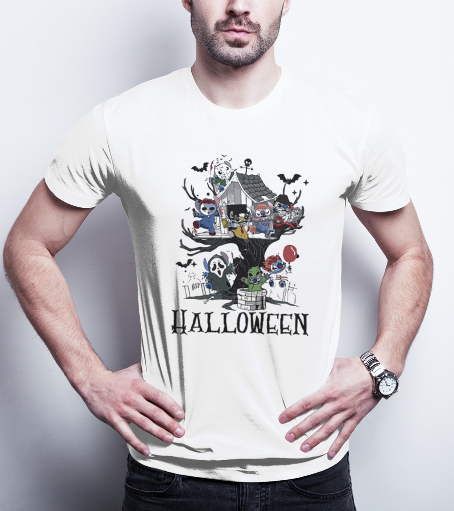 Halloween Stitch Horror Movie Characters Treehouse Scene T-Shirt