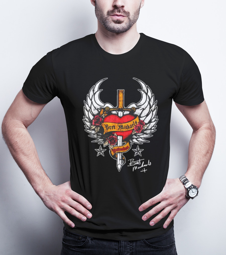Bret Michaels Heart And Sword Winged Emblem With Roses And Stars T-Shirt