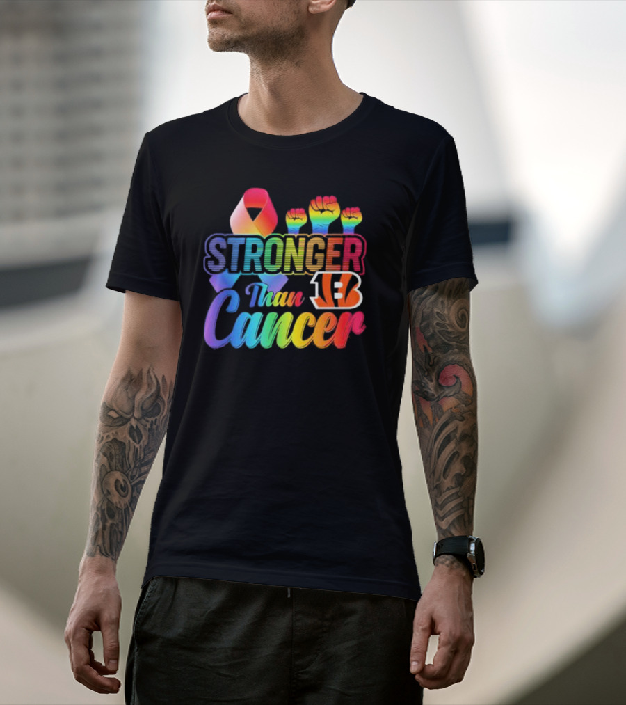 Stronger Than Cancer Cincinnati Bengals NFL Rainbow Ribbon And Fists T-Shirt