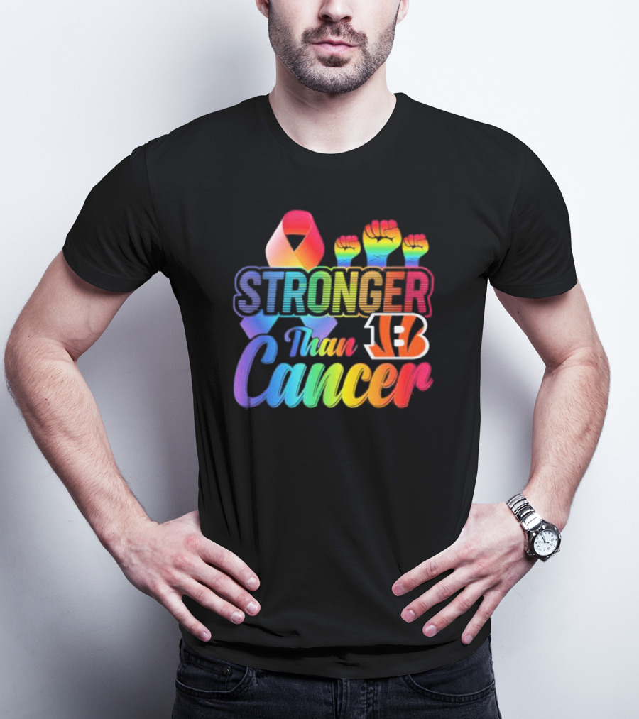 Stronger Than Cancer Cincinnati Bengals NFL Rainbow Ribbon And Fists T-Shirt