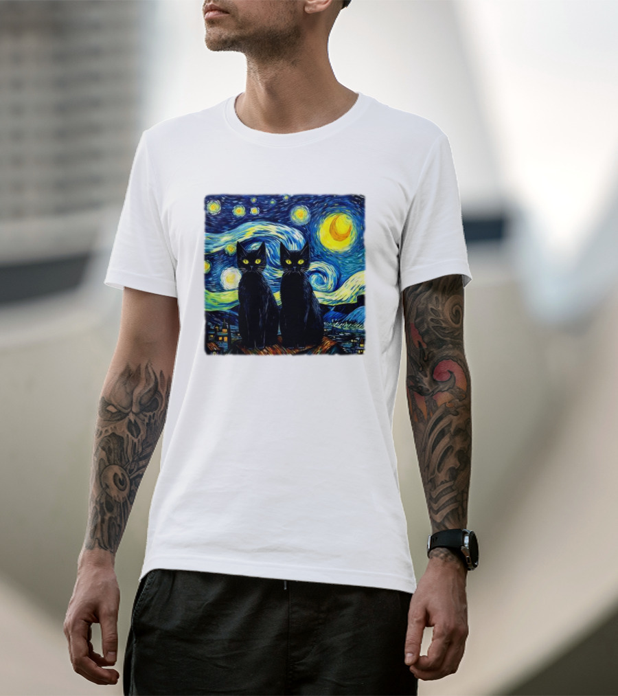 Black Cats Starry Night Vincent Van Gogh Painting Fusion T-Shirt