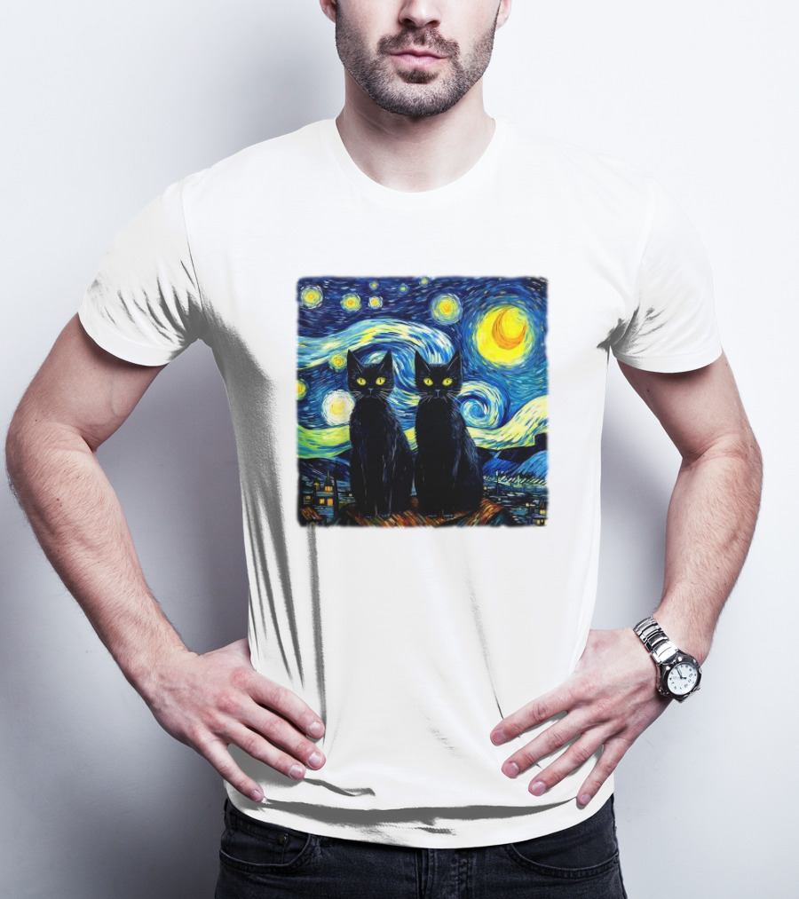 Black Cats Starry Night Vincent Van Gogh Painting Fusion T-Shirt