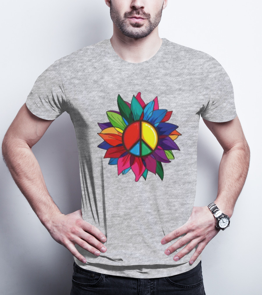 Hippie Rainbow Peace Sign Colorful Flower T-Shirt