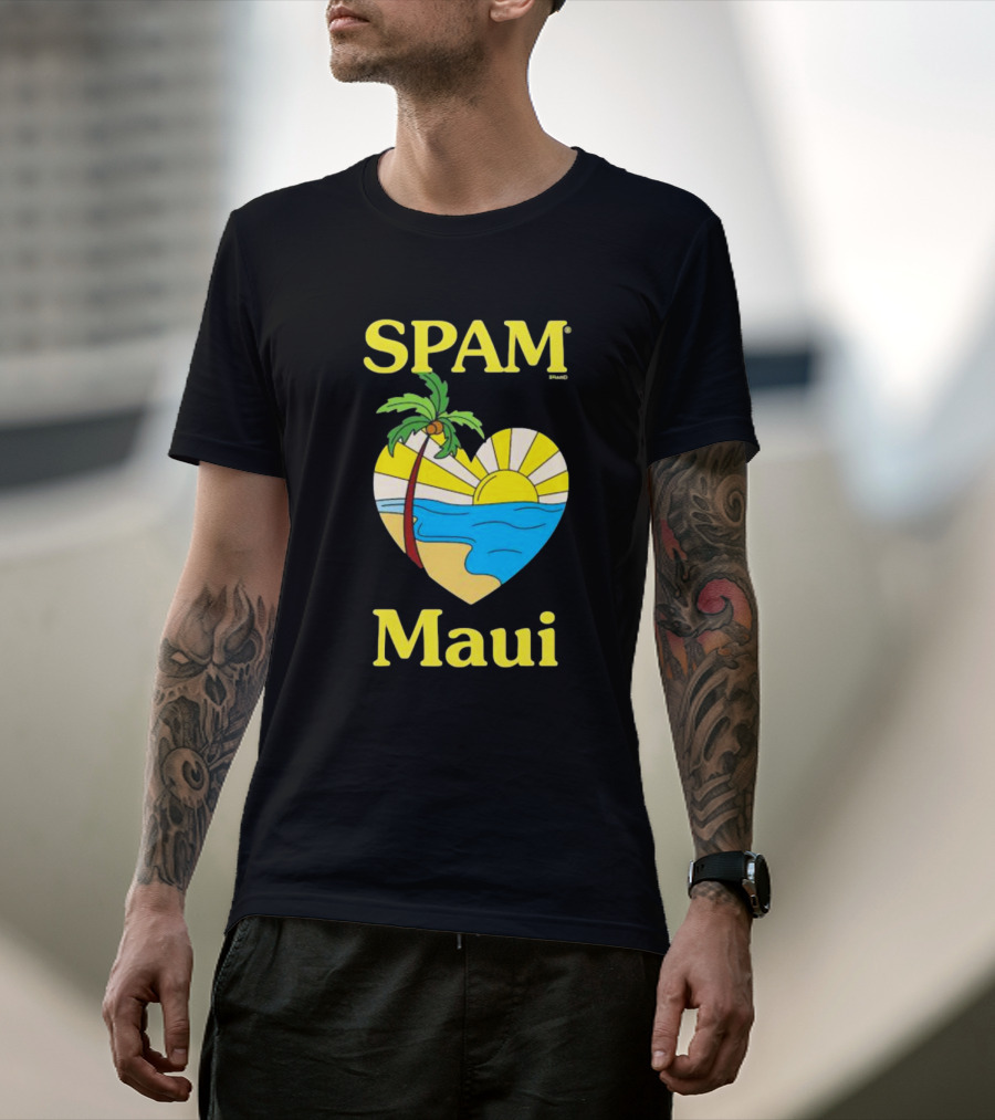 SPAM Brand Maui Heart Beach Sunset And Palm Tree T-Shirt
